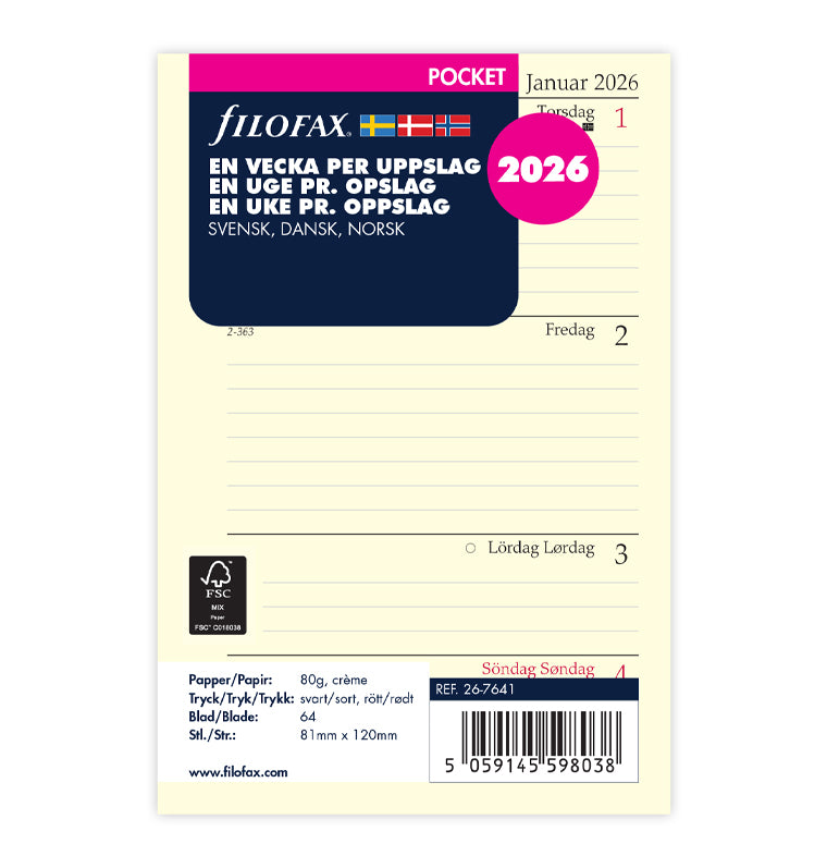 Dagbok/kalender Vecka per uppslag Svensk/ Dansk/ Norsk Pocket 2026 ...